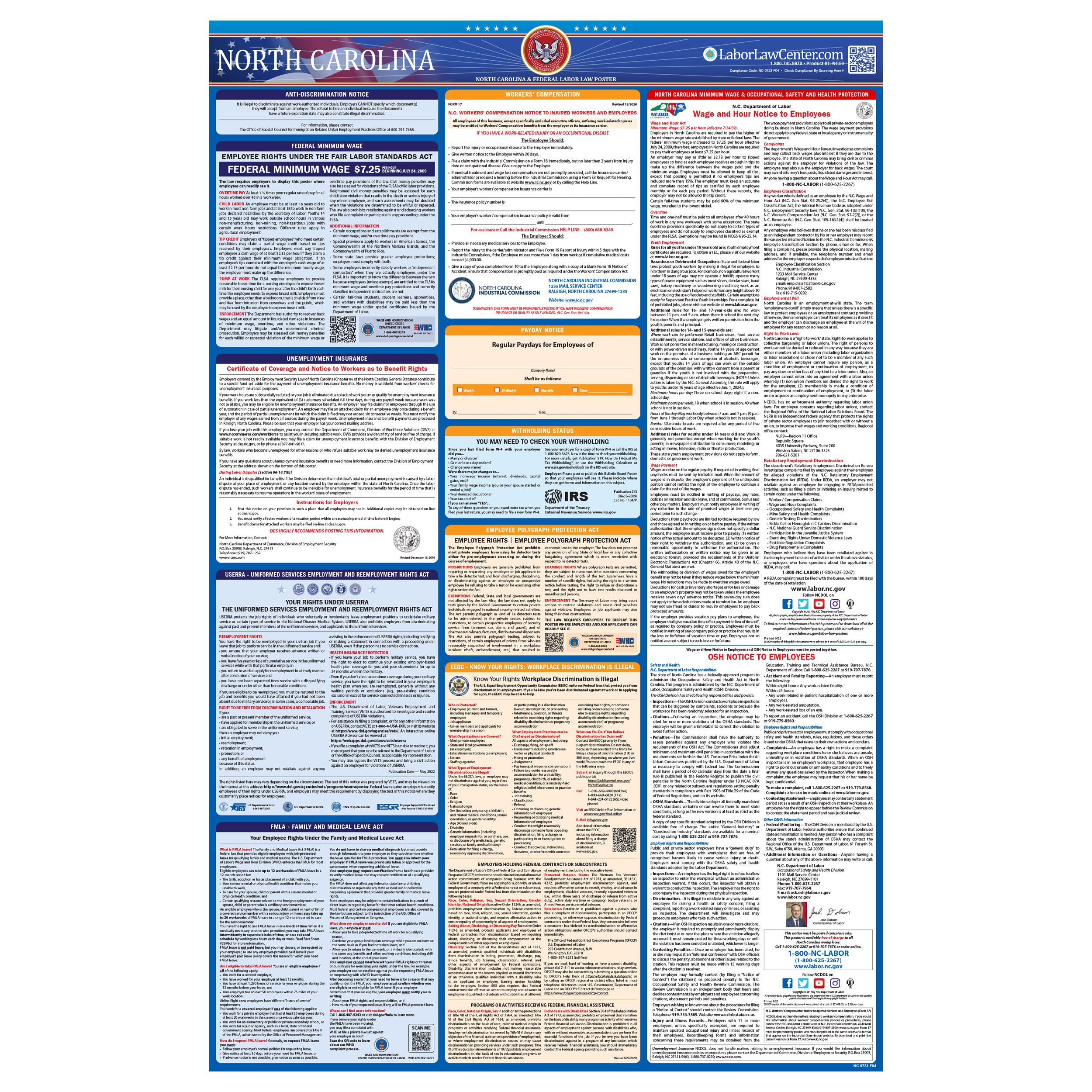 North Carolina Labor Law Poster with Replacement Service ...