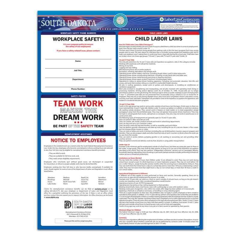 South Dakota State Labor Law Poster - Unlaminated