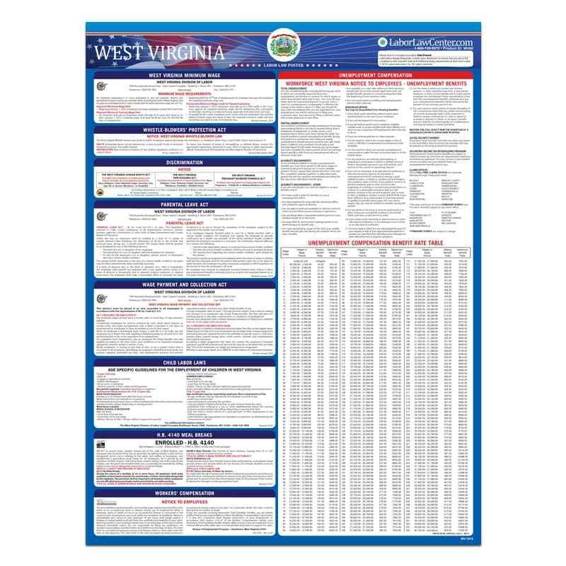 West Virginia State Labor Law Poster - Unlaminated